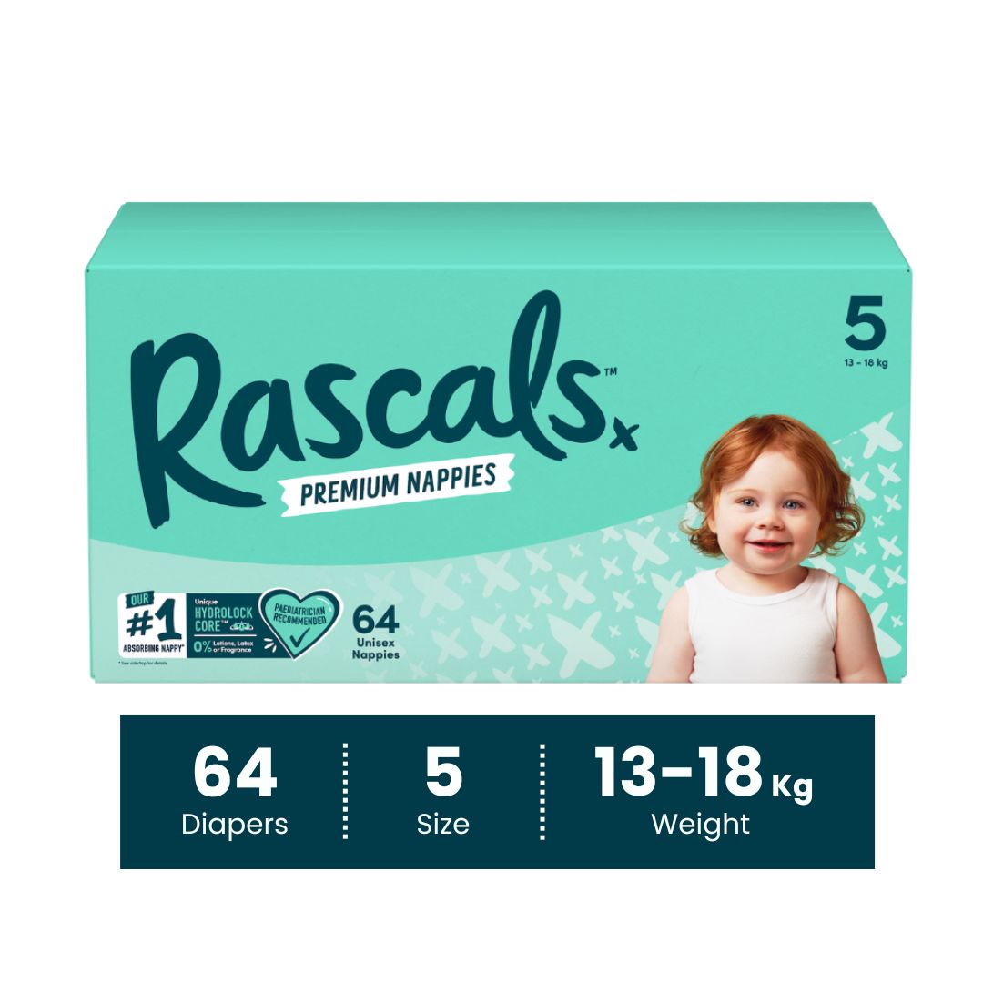 Rascals Premium Baby Tape Diapers Jumbo Box - Size 5, 13-18 kg, 64 Cou ...